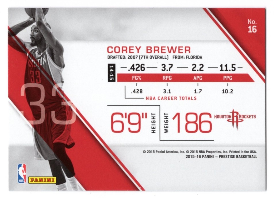 2015-16 PANINI PRESTIGE COREY BREWER CARD #16 **NM-MT** HOUSTON ROCKETS ...