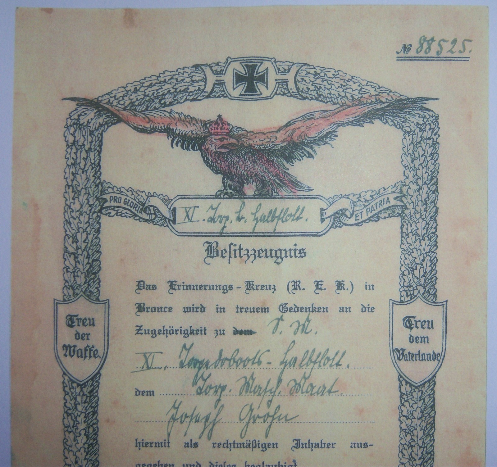 GERMAN - Treu dem Marine Cross Certificate (Copy). XI Torpedo Boat Half ...