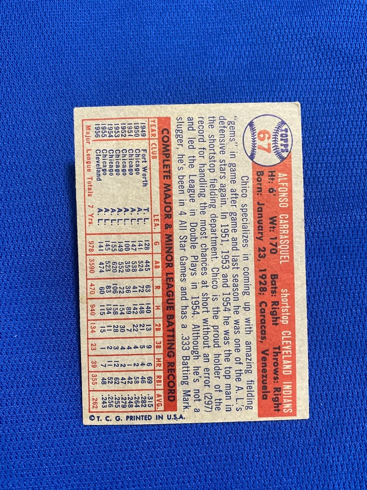 1957 TOPPS CHICO CARRASQUEL CLEVELAND INDIANS #67 CARD VINTAGE SET ...