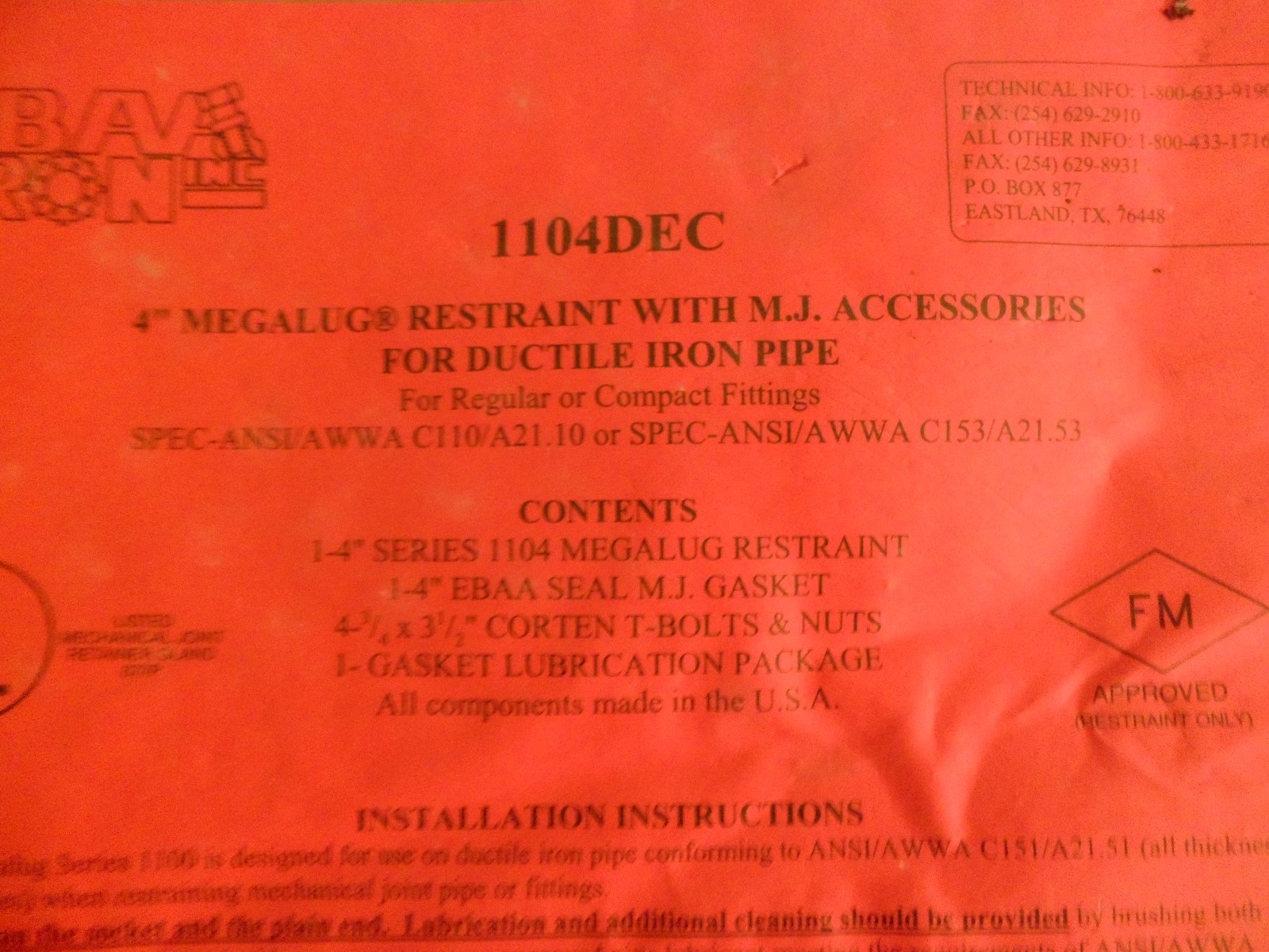 MEGALUG JOINT RESTRAINT FOR DUCTILE IRON PIPE 1104DEC 4" EBAA | eBay