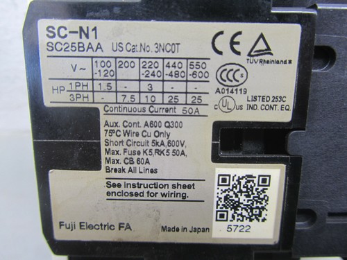 FUJI SC-N1 SC25BAA, 3NC0T STARTER/CONTACTOR WITH SZ-Z32 SURGE ...
