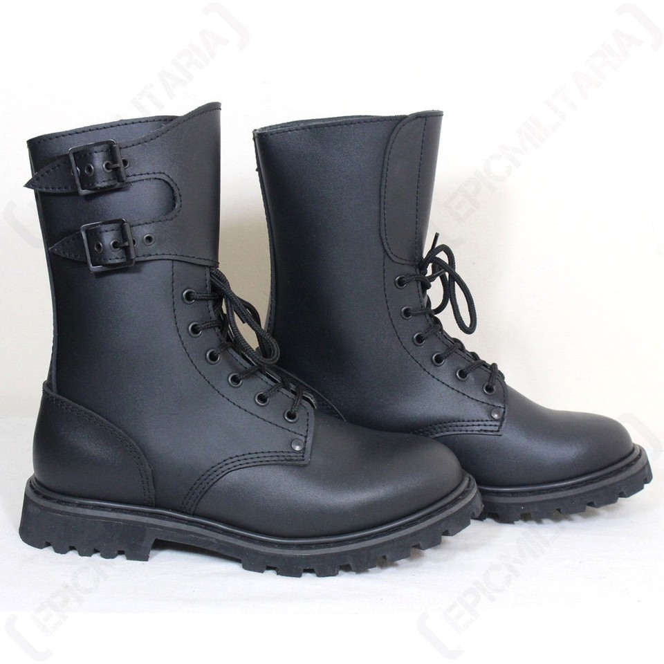 Black Leather French Army Ranger Buckle Boots - Mens Combat Military ...