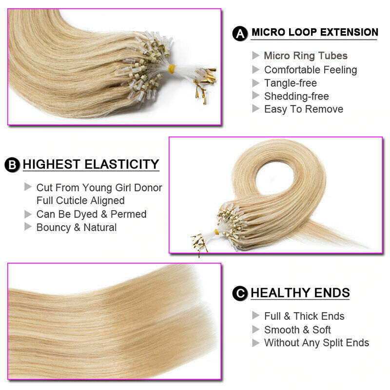Pre-Looped Fish Line Micro Ring Beads Link Hair Extensions Real Remy ...