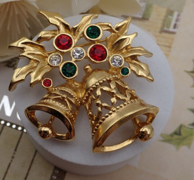 Vintage Avon Red Clear Green Rhinestone Gold Christmas Holiday Bells ...