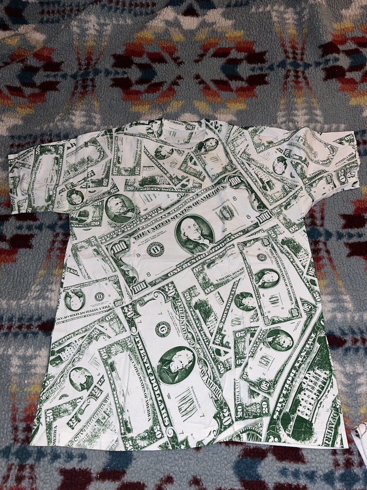 Early 90 Single stitch all Over Print Money Shirt Xl - Gem
