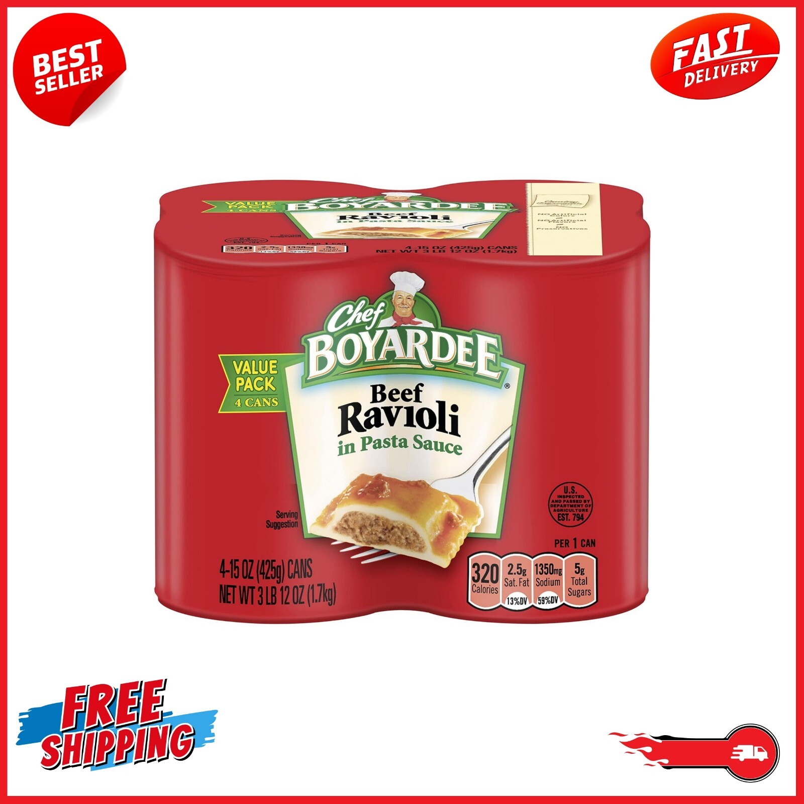 Chef Boyardee Beef Ravioli, 15 oz, 4 Pack