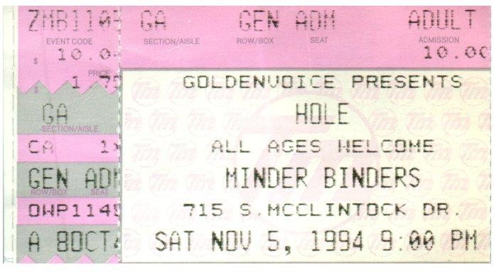Hole Courtney Love Concert Ticket Stub November 5 1994 Tempe Arizona ...
