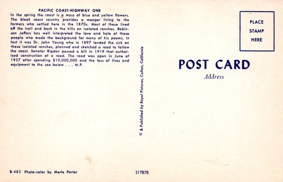 Royal Pictures Pacific Coast-Highway One Topographical Postcard B-483 ...