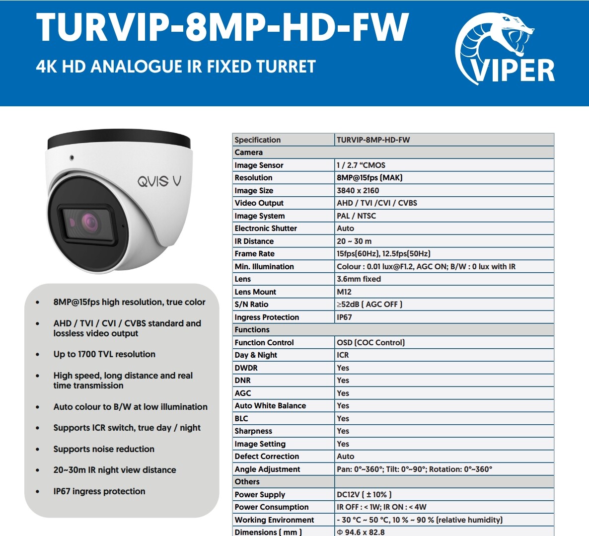 QVIS CCTV Camera 4K 8MP HD ANALOGUE IR FIXED TURRET VIPER DVR | eBay UK