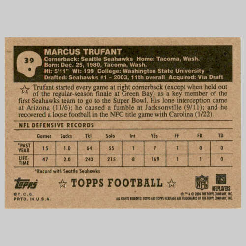 Marcus Trufant #39 2006 Topps Heritage Seattle Seahawks Football Card ...