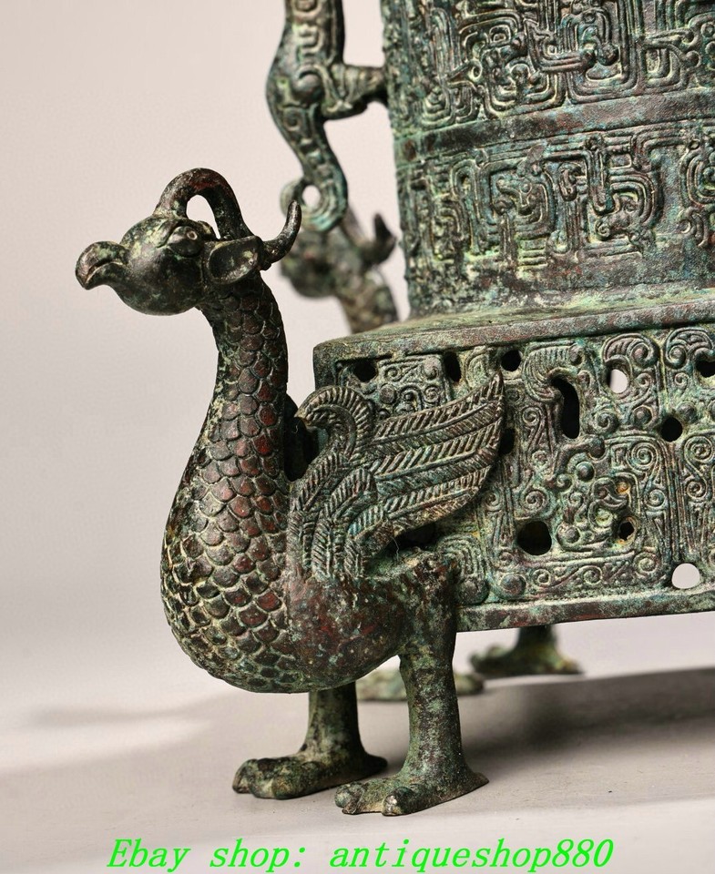 11.8"Old Chinese Dynasty Bronze Ware Dragon Ear Bird Leg Zun Storehouse ...