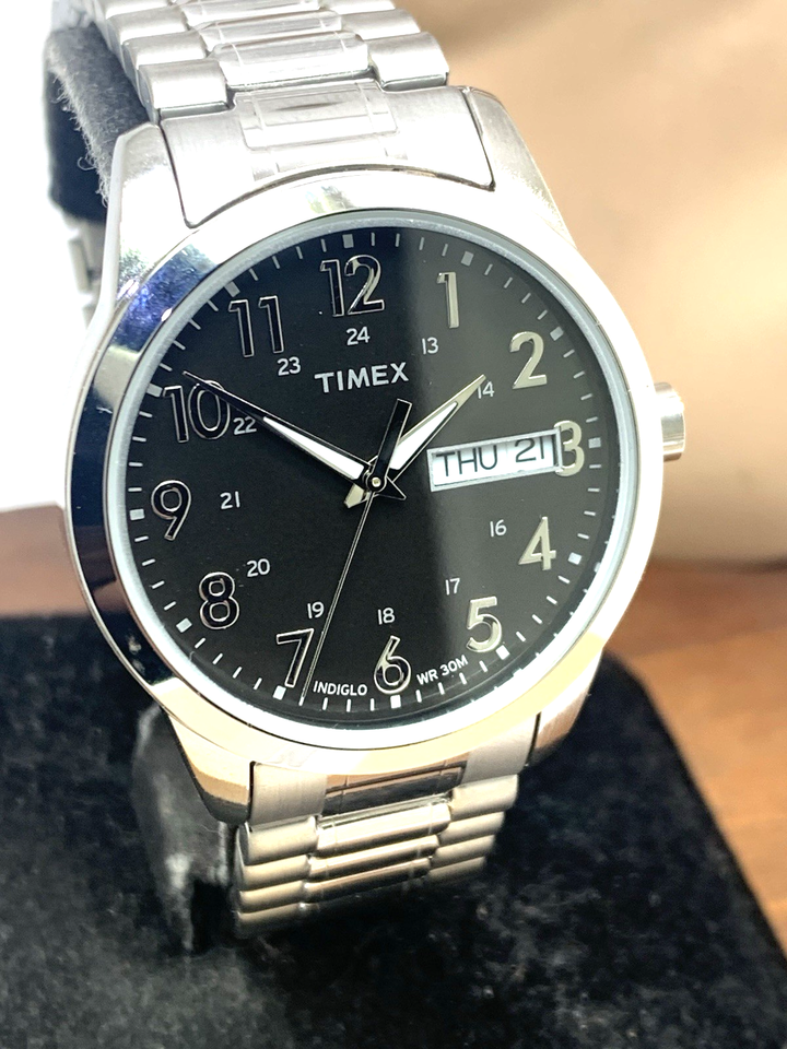 Timex Men's Watch T2M932 Quartz Black Dial Day Date Silver Steel ...