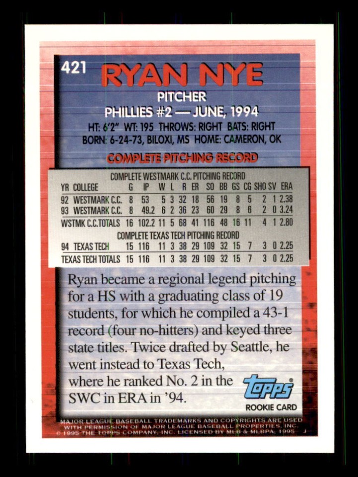 1995 Baseball Topps Ryan Nye Philadelphia Phillies #421 DP RC | eBay