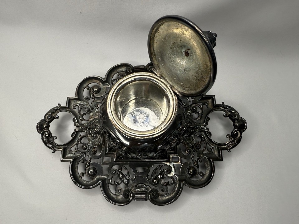 ANTIQUE INKWELL SILVER PLATE INKSTAND ORNATE GARGOYLE ART NOUVEAU ...