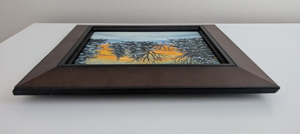 Winter landscape painting artwork framed canvas forest sunset trees ...