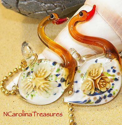 GOLD SWAN SWANS FLORAL BURST GLASS CEILING FAN LIGHT SWITCH PULLS LARGE ...