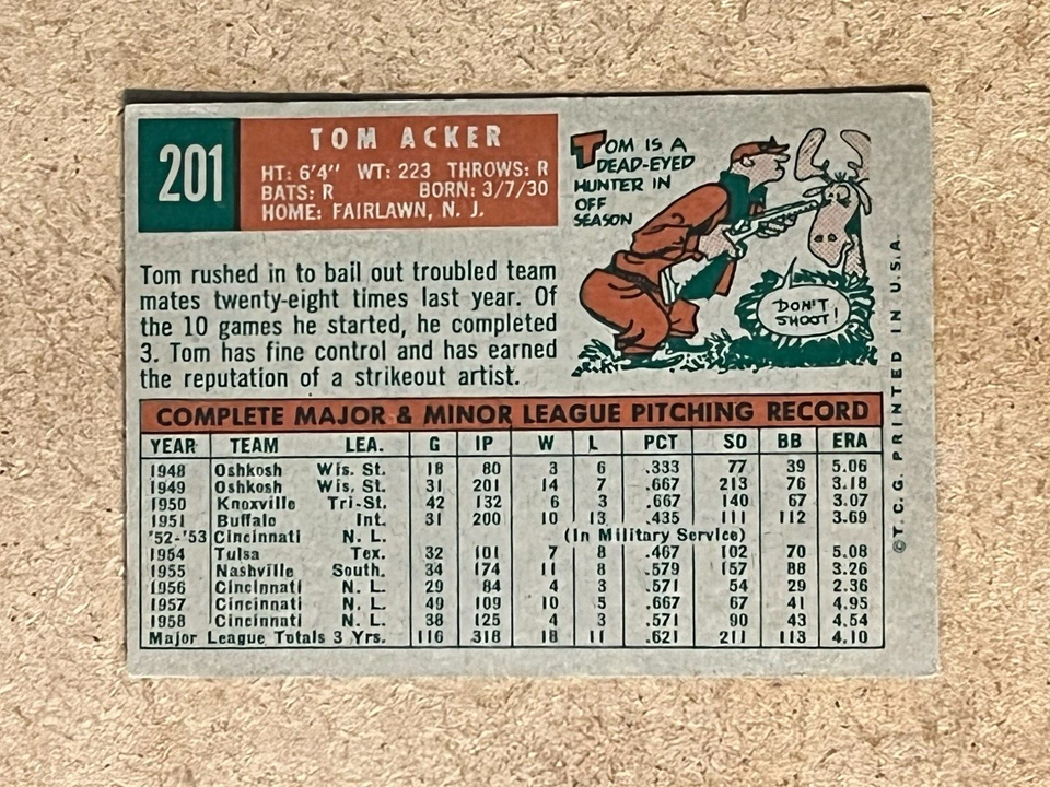 1959 Topps Tom Acker #201 VG-EX | eBay
