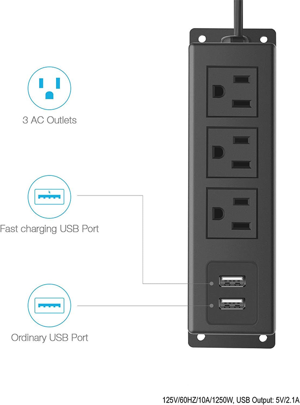 CCCEI 3 Outlets Wall Mount Power Outlet Strip with USB,Desk Mount Power ...
