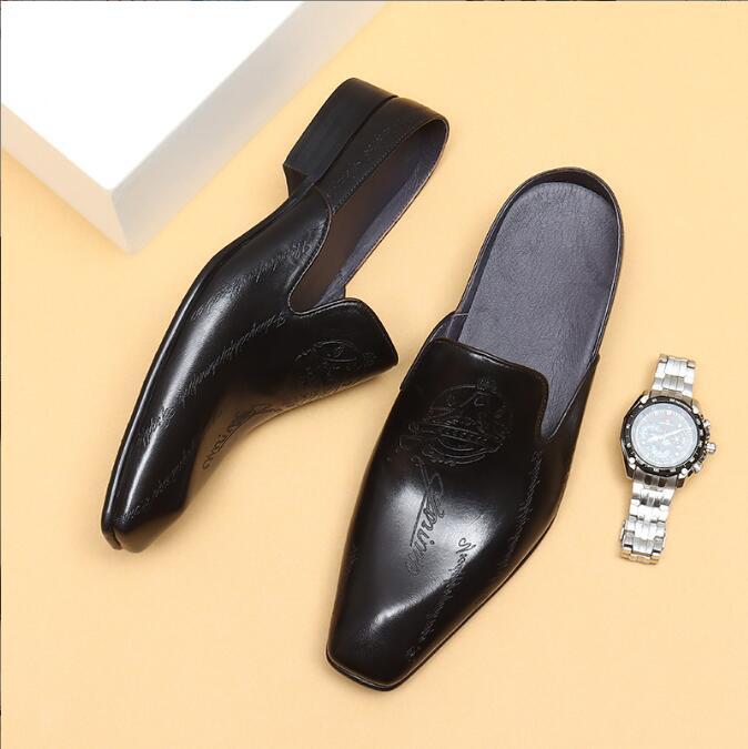 Men Real Leather Square Toe Business Shoes Backless Slippers Mules ...