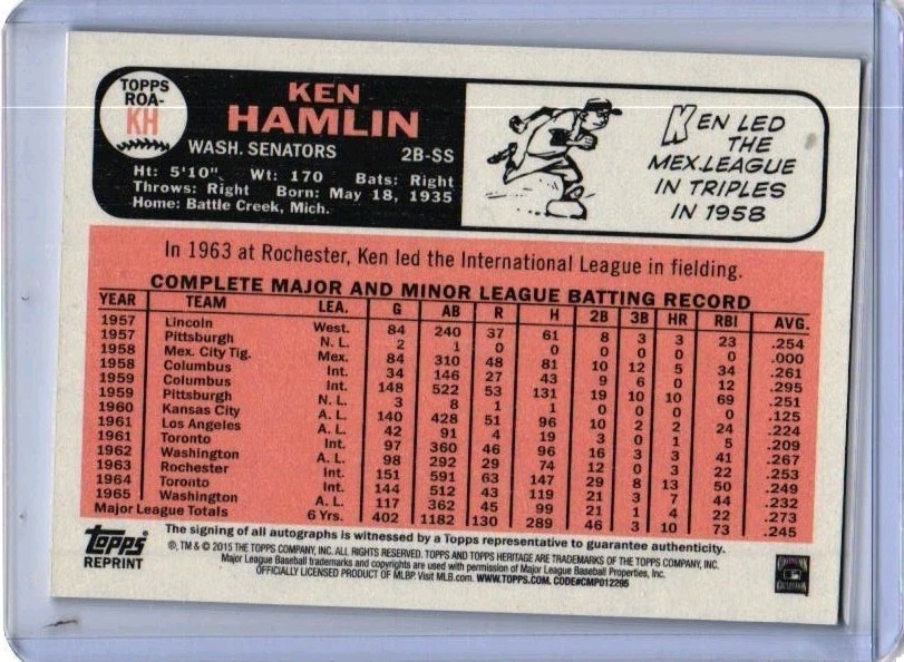 2015 Topps Heritage Real One KEN HAMLIN Washington Senators 1966 ...