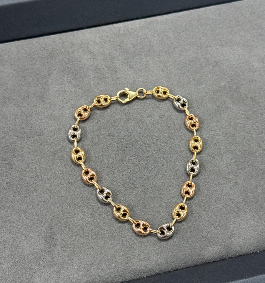 6.5mm All Shiny Puffed Mariner Anchor Link Bracelet Real 14K Tri-color ...