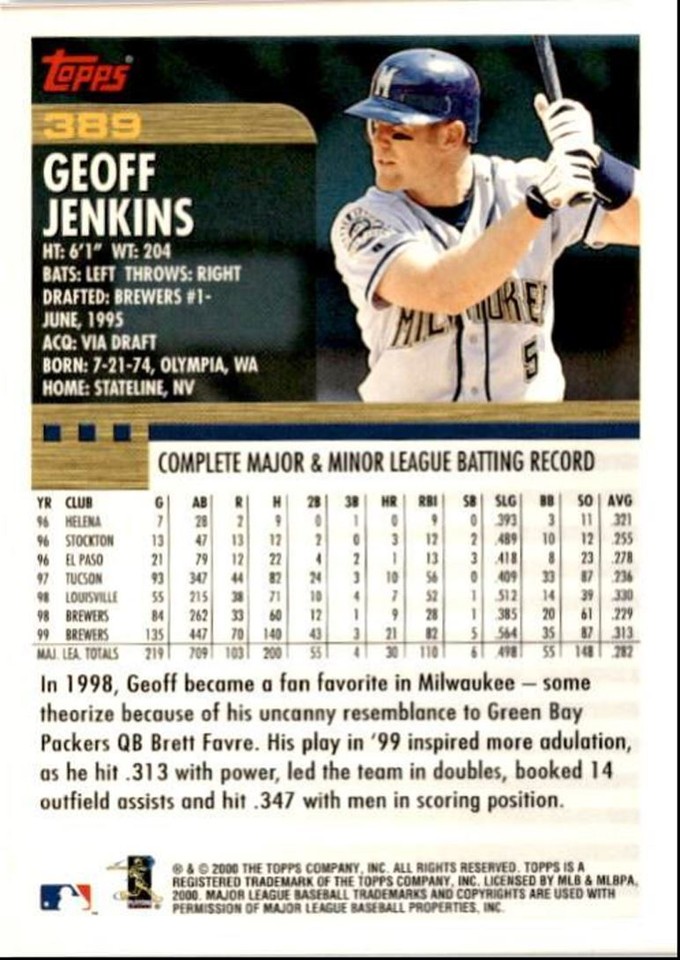 2000 Topps Baseball Card Geoff Jenkins Milwaukee Brewers #389 | eBay