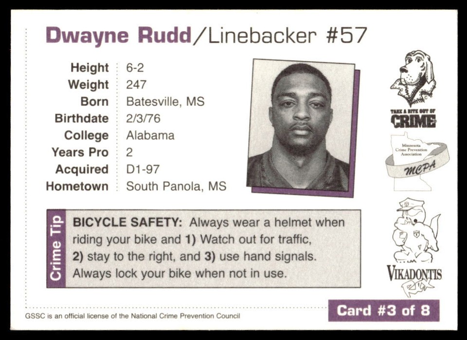 1998 Minnesota Vikings Police Dwayne Rudd Football Card | eBay