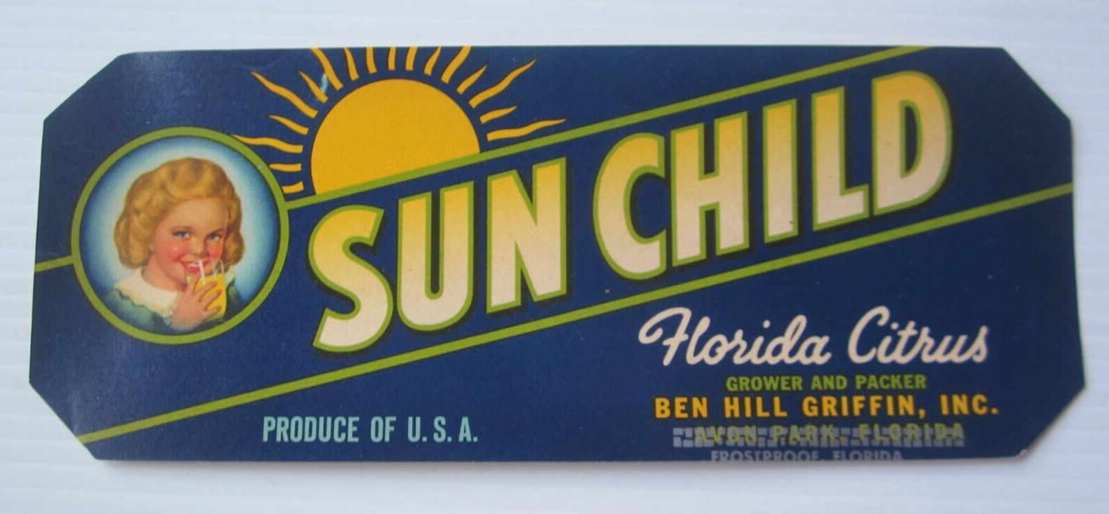 Old Vintage 1940's - SUN CHILD - Florida Citrus LABEL - AVON PARK ...