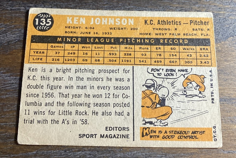 Ken Johnson Signed Autographed 1960 Topps Rookie Card #135 Kansas City ...