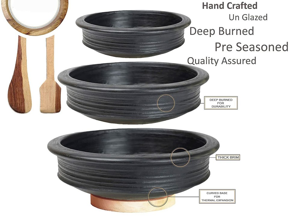 Terracotta Clay Pottery Mud Pot Earthen Handi Cooking Combo Black 1 L 2 ...