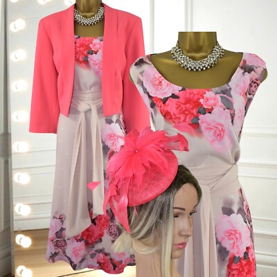 Jacques Vert Dress Size 20 Roman Jacket Size 18 Fascinator Coral Mother ...