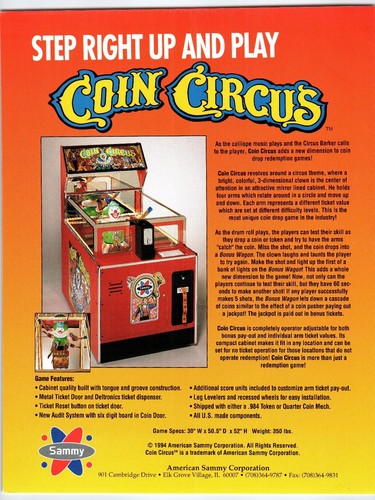 1994 Coin Circus Arcade Game Flyer American Sammy Vintage Ephemera | eBay