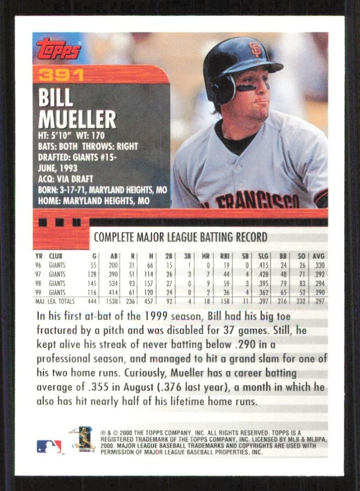 2000 Topps Limited Edition BILL MUELLER card SAN FRANCISCO GIANTS #391 ...