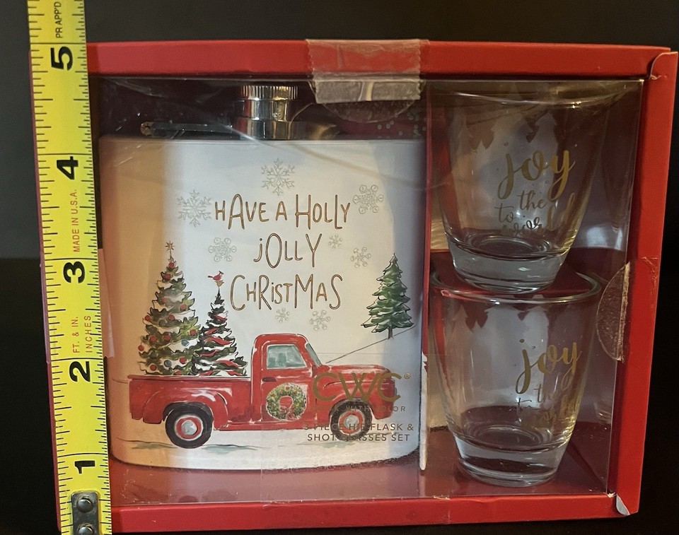 CWC Christmas Flask & Shot Glass Gift Set Holly Jolly Truck Holiday 3 ...