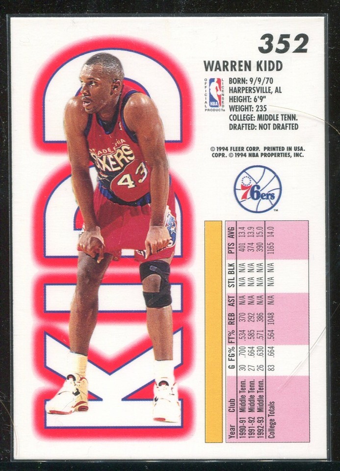 1994 Fleer Basketball Warren Kidd #352 Philadelphia 76ers | eBay