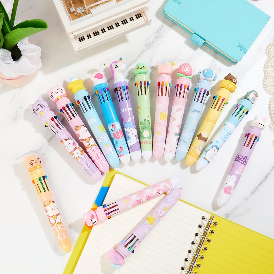 12 Pcs Multicolor Ballpoint Pens 10 in 1 Retractable Colored Cute ...