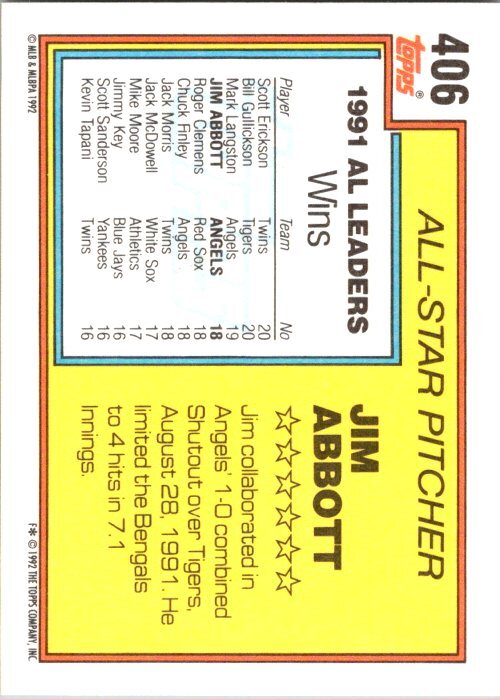 1992 Topps Jim Abbott AS 406 California Angels | eBay