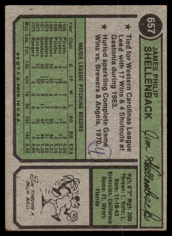 1974 Topps Jim Shellenback #657 Texas Rangers Baseball Card | eBay