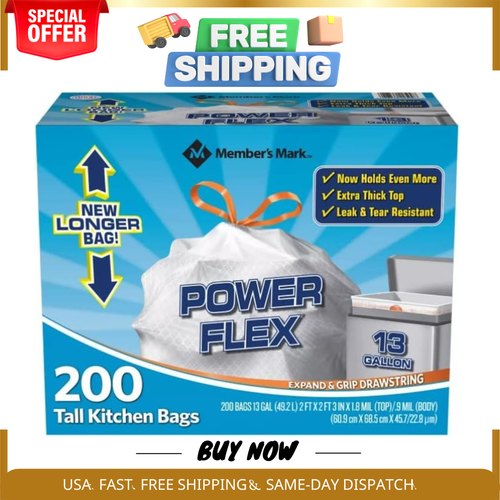 Member's Mark Power Flex, Tal Kitchen Drawstring Trash Bags 13 Gallon ...
