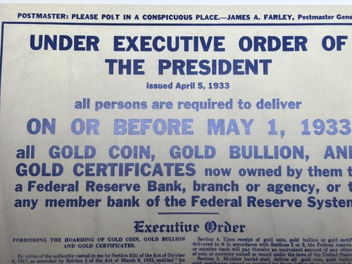 1933 FDR Gold Confiscation Poster Roosevelt Executive Order 6102 ...