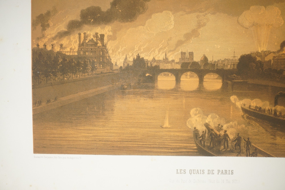 SABATIER 1823-1891 GRANDE LITHO INCENDIO COMUNE PARIS QUAI SEINE BATEAU ...