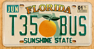 2001 FLORIDA GRAPHIC AUTO LICENSE PLATE " T 35 BUS " FL THREE LETTER ...