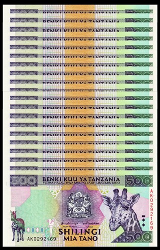 TANZANIA 500 SHILLING 1997 P 30 Ch UNC GIRAFFE ZEBRA AFRICAN MONEY x 20 ...