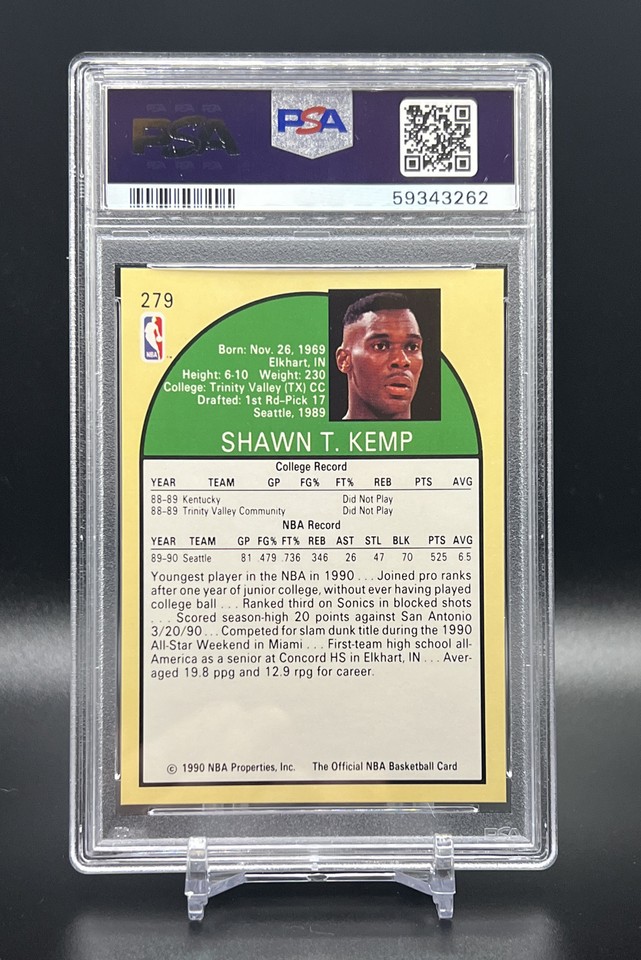 1990 NBA Hoops Shawn Kemp Rookie Card #279 PSA 9 Mint Seattle ...
