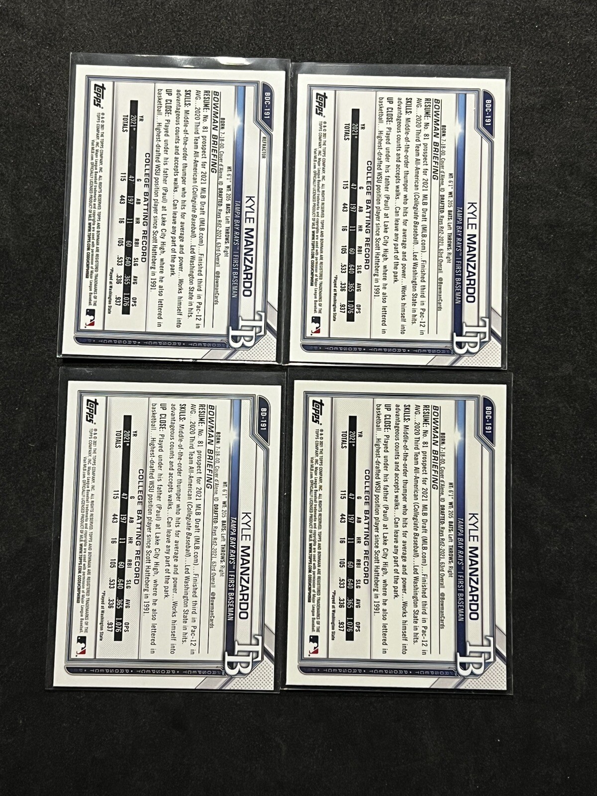 2021 Bowman Draft Kyle Manzardo Chrome Sky Blue Refractor Paper Lot (4 ...