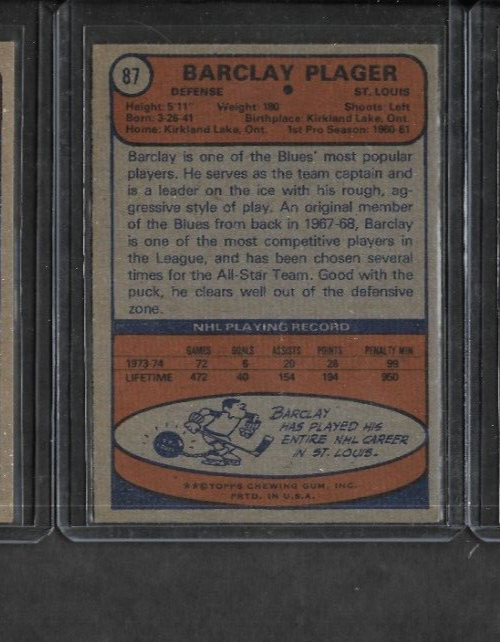 1974-75 TOPPS HOCKEY BARCLAY PLAGER #87 BLUESEX- EXMT! | eBay