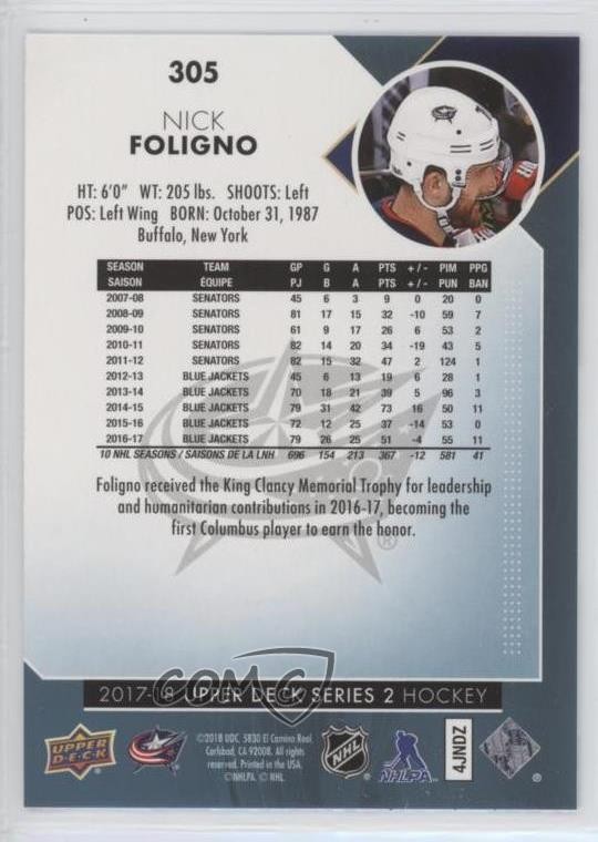2017-18 Upper Deck Nick Foligno #305 | eBay