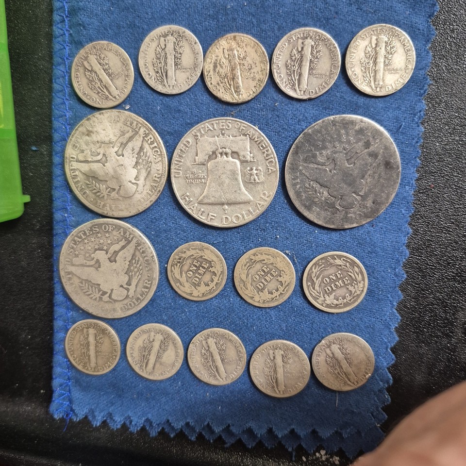 Mix Lot -3 Barber Halves, 1 Franklin Half, 3 Barber Dimes, 10 Mercury ...