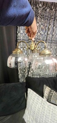 Brass 3 Arm Chandelier Etched Glass Shade Hanging Ceiling Light MCM | eBay