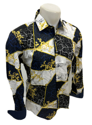 Mens STEELO COLORFUL NAVY Long Sleeve Button Up Dress Shirt SILKY ...